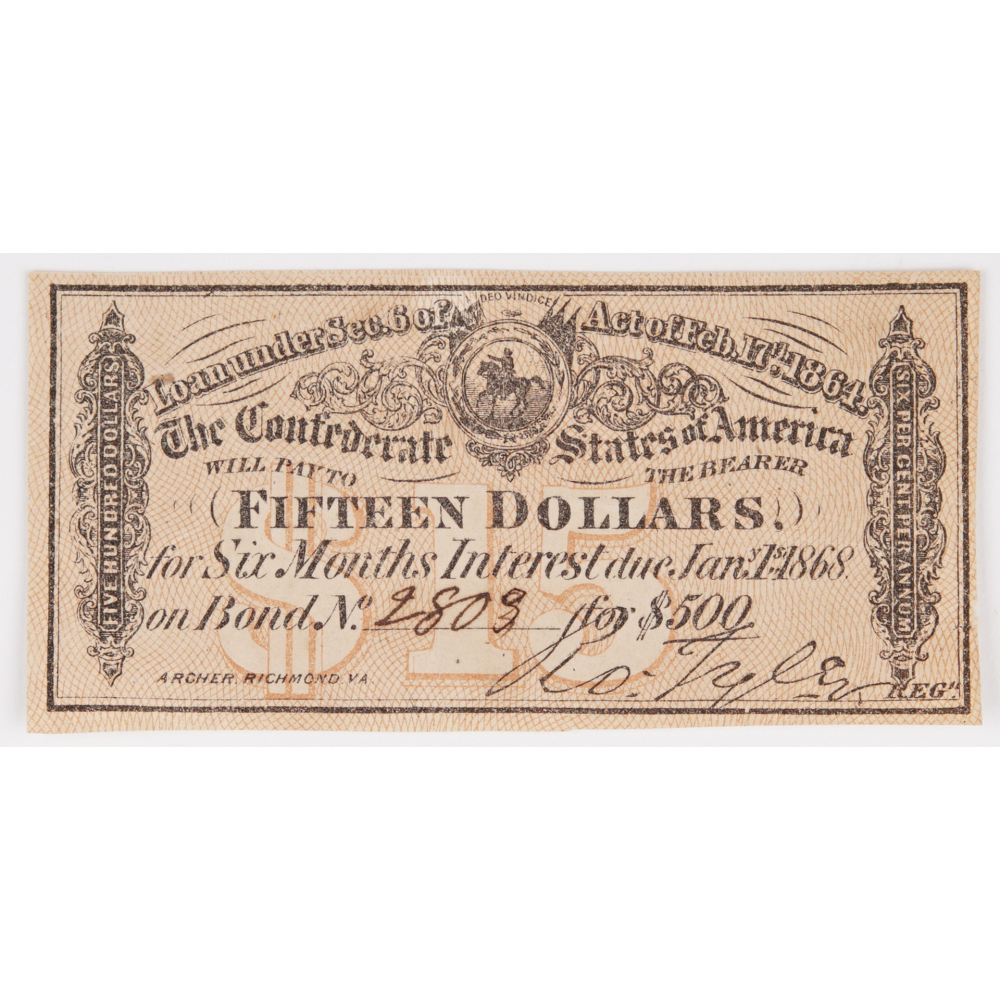 1864 $15 Fifteen Dollars Confederate States of America Richmond CSA ...