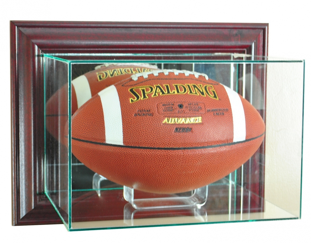 Wall Mounted Football Display Case with Mirrored Back & Cherry Wood ...